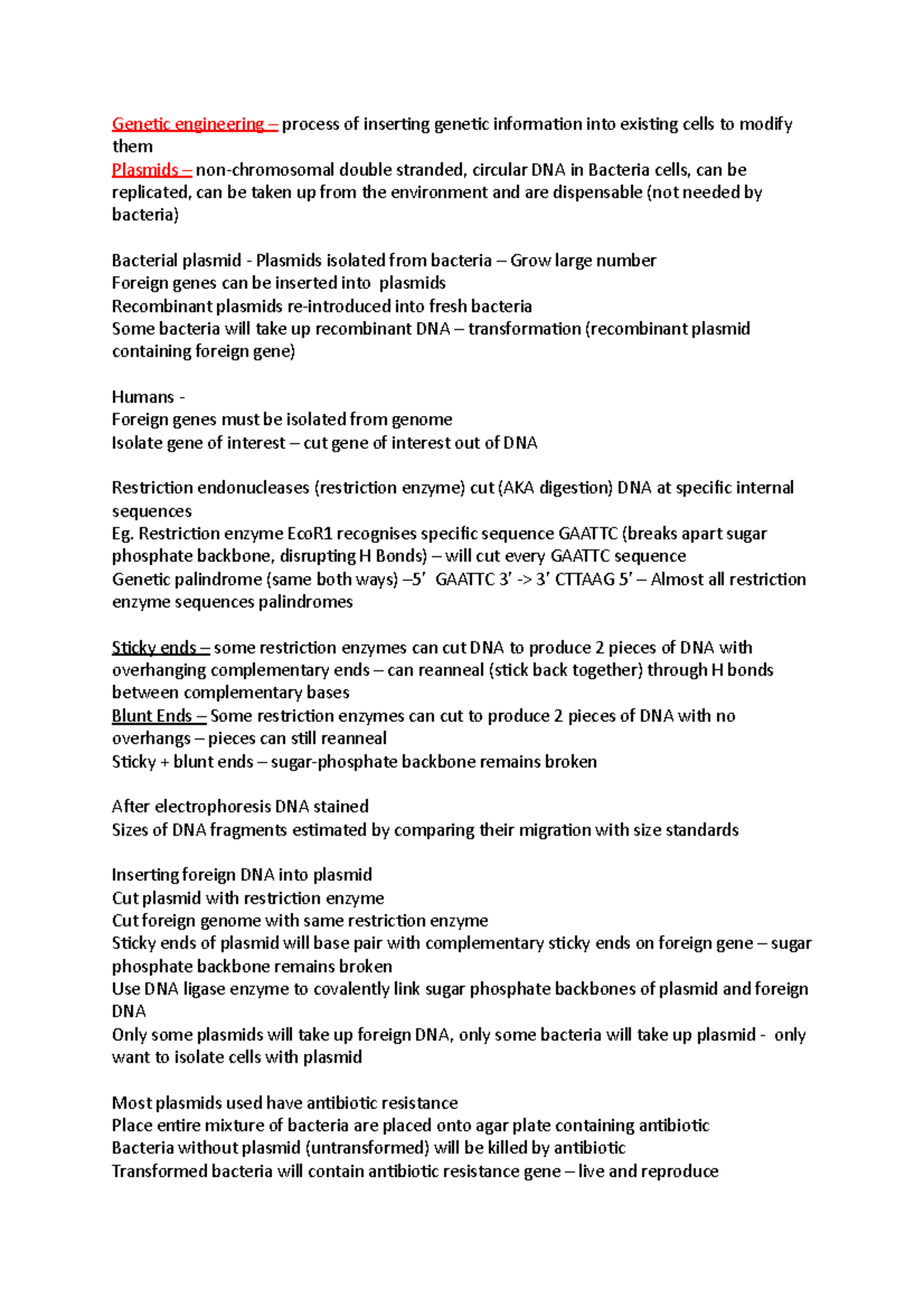 Biol103 Notes - Genetic engineering – process of inserting genetic ...