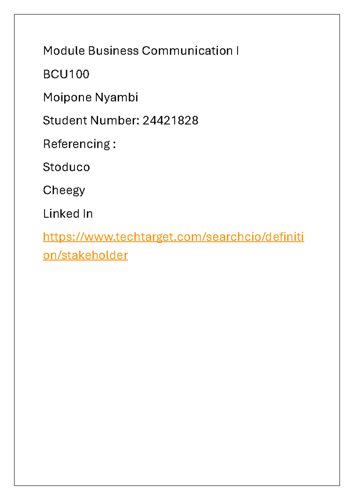 Module Business Communication I - Module Business Communication I BCU Moipone Nyambi Student ...