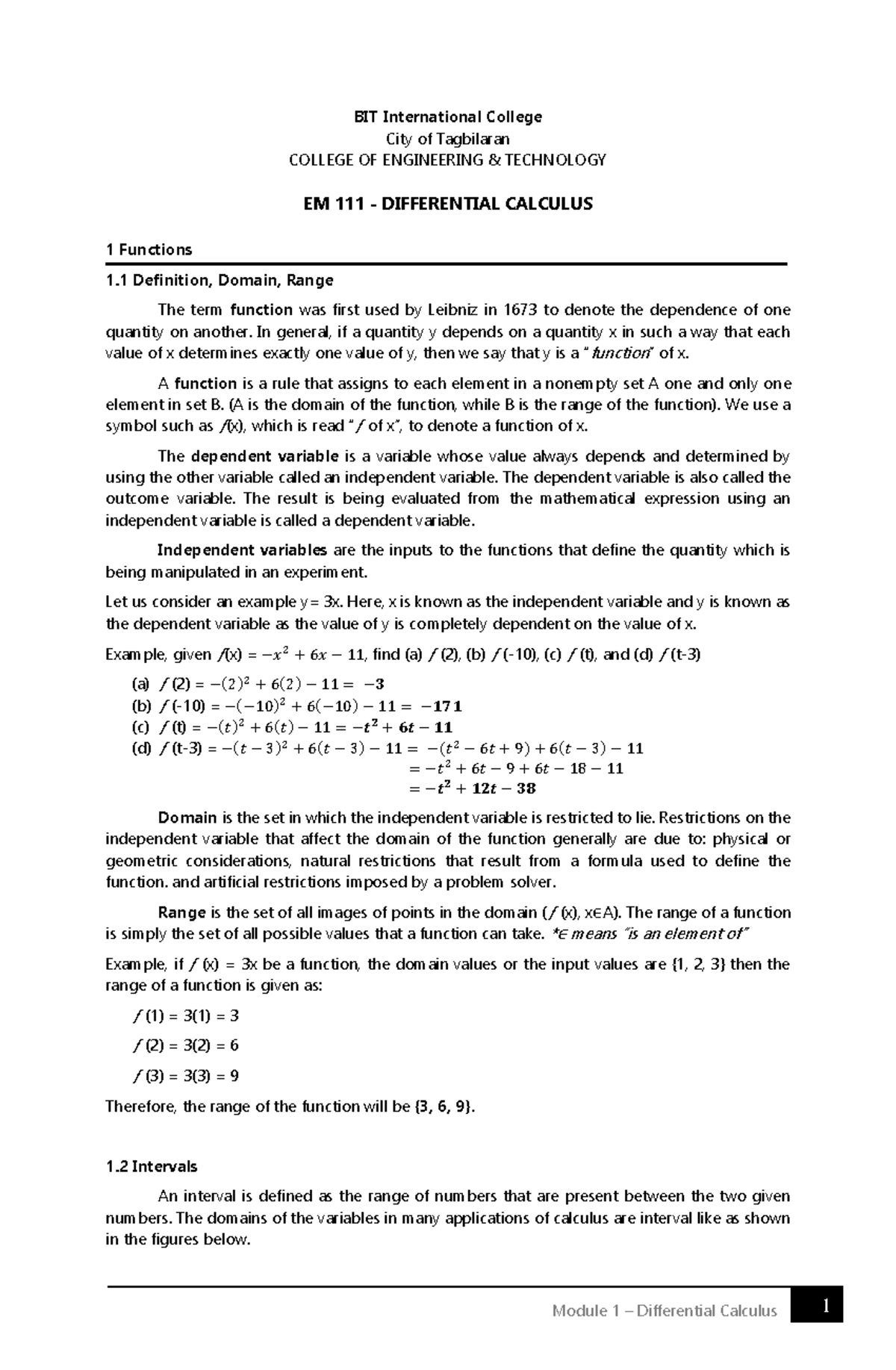 526600192 Module 1 Differential Calculus - 1 BIT International College City of Tagbilaran ...
