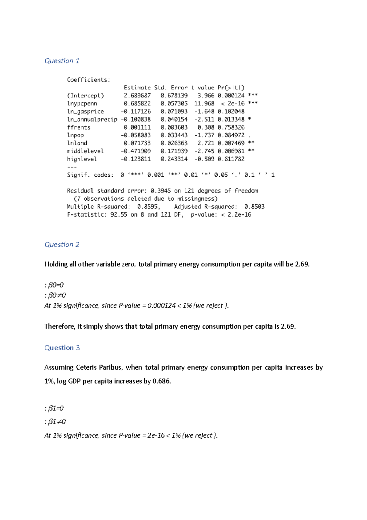 Econometric assignment 1 - Question 1 Question 2 Holding all other variable zero, total primary ...