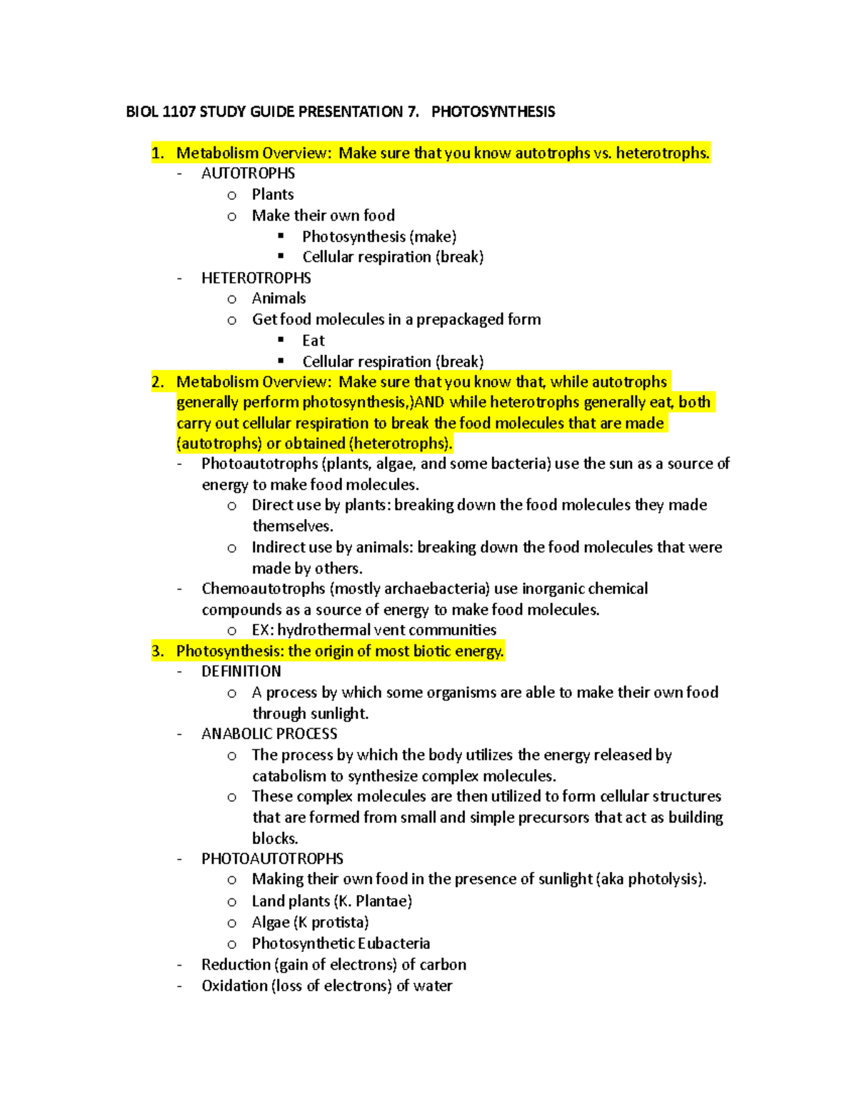 1107 Study Guide 7 Photosynthesis - BIOL 1107 STUDY GUIDE PRESENTATION ...