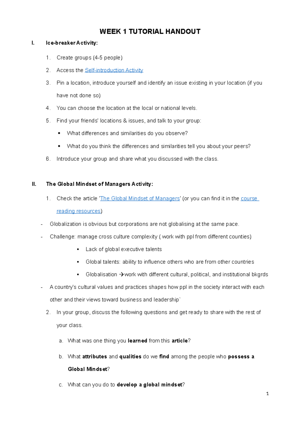 Week 1 Tutorial Handout for discussion - WEEK 1 TUTORIAL HANDOUT I. Ice-breaker Activity: 1 ...