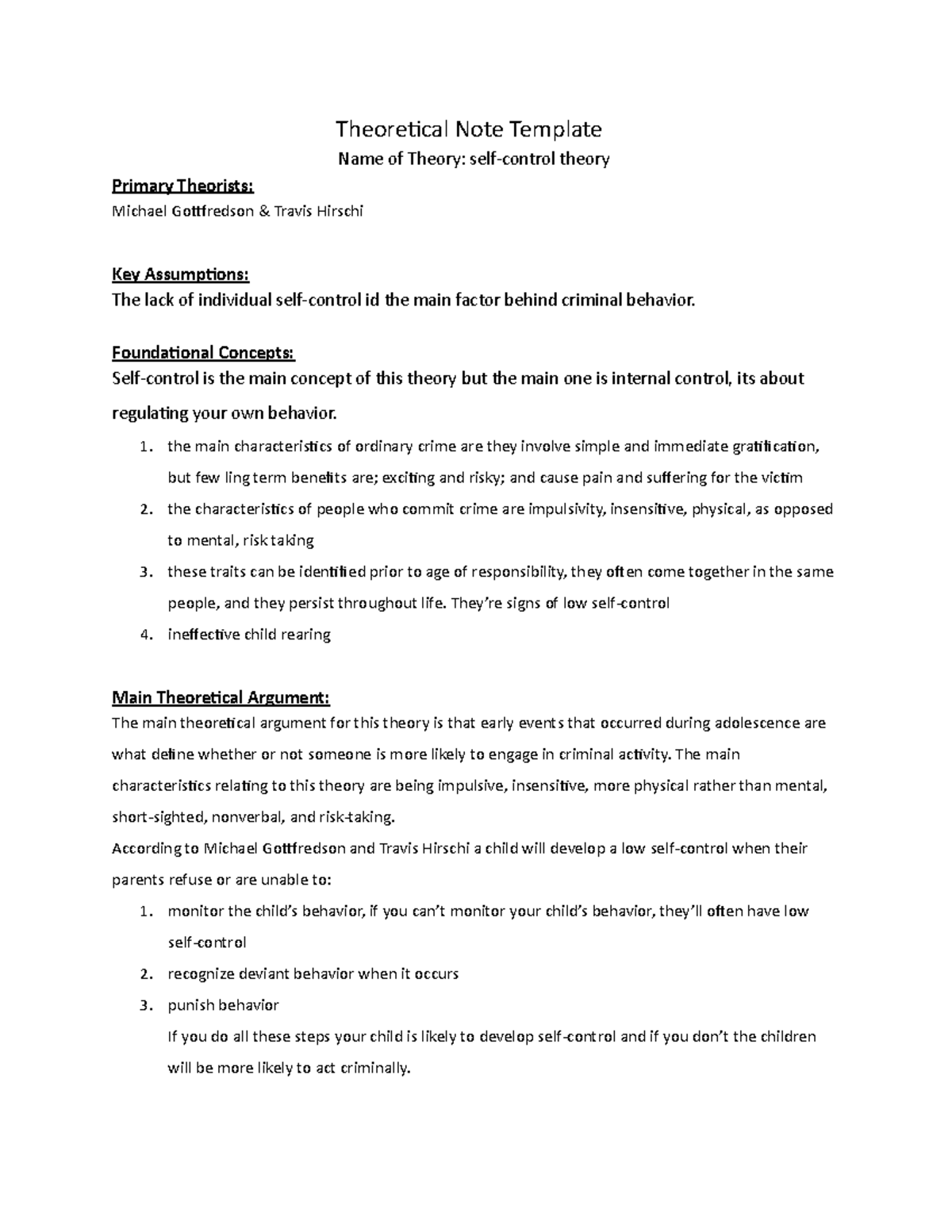 Self Control Note Template - Theoretical Note Template Name of Theory ...