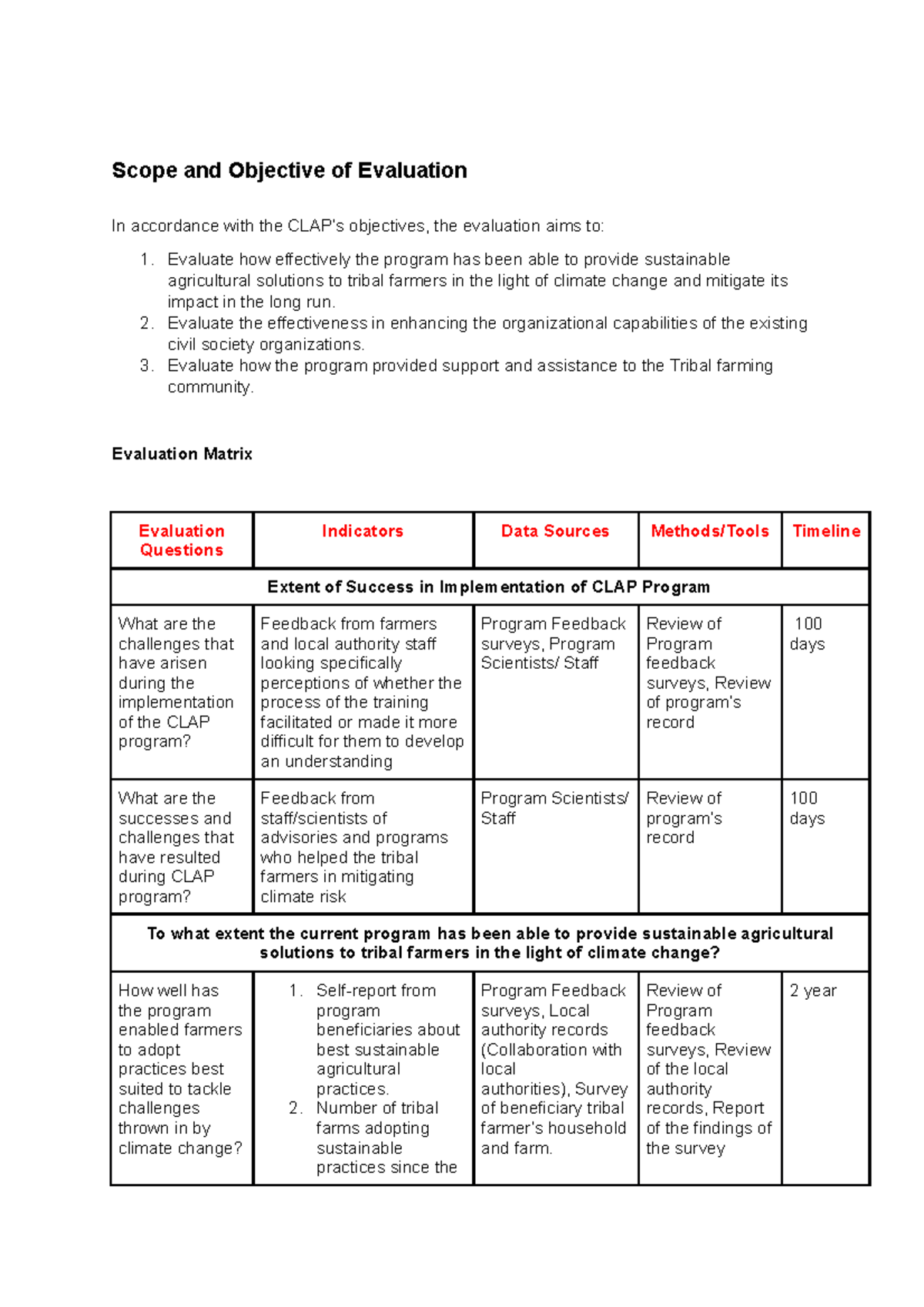 Evaluation Matrix - Scope and Objective of Evaluation In accordance ...