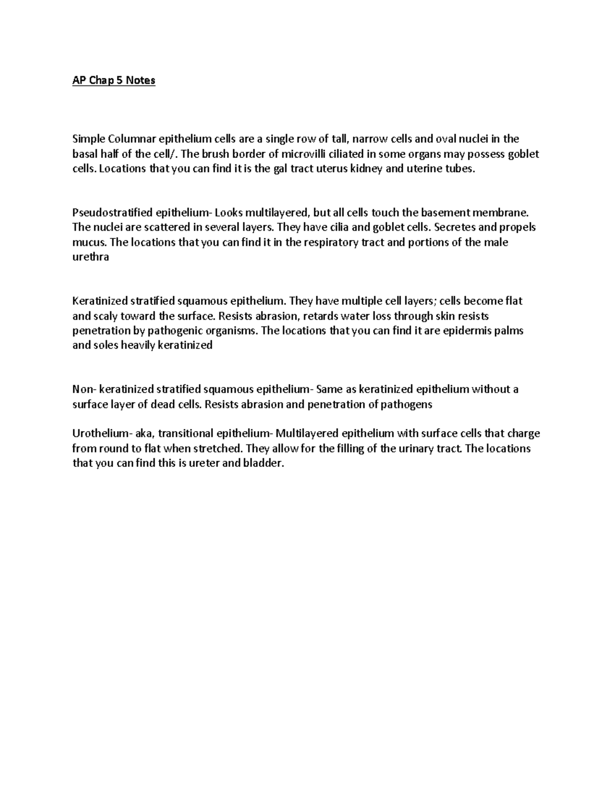 AP Chap 5 - AP Chap 5 - AP Chap 5 Notes Simple Columnar epithelium ...