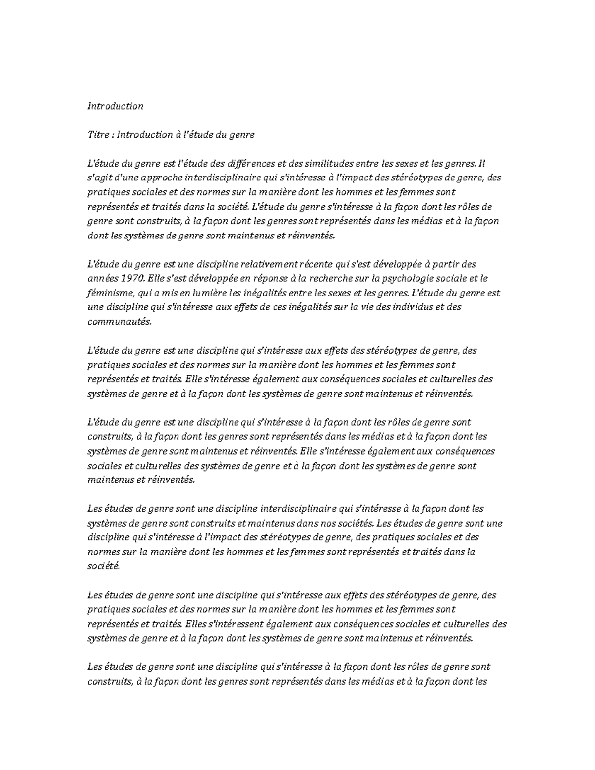 Études de genre Notes de cours - Introduction Titre : Introduction à l ...
