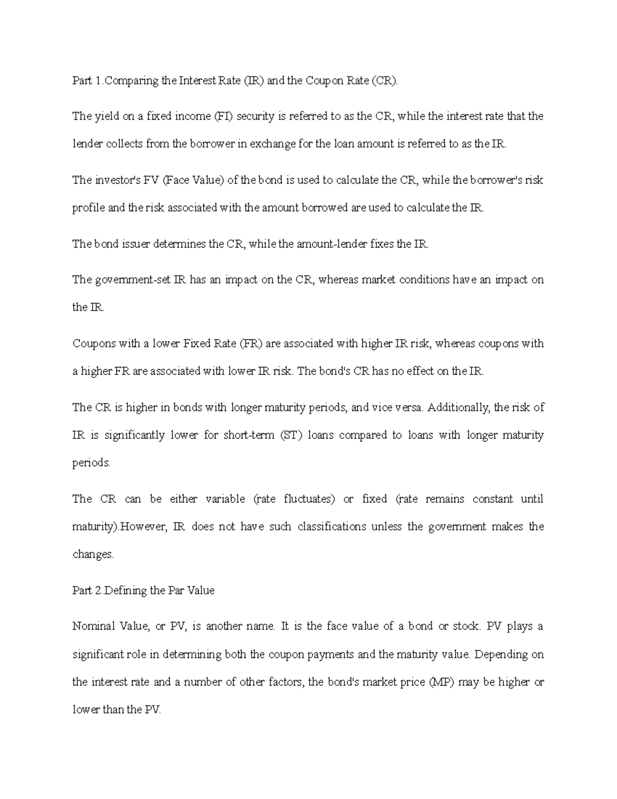 Part 1 - ABC - Part 1 the Interest Rate (IR) and the Coupon Rate (CR ...