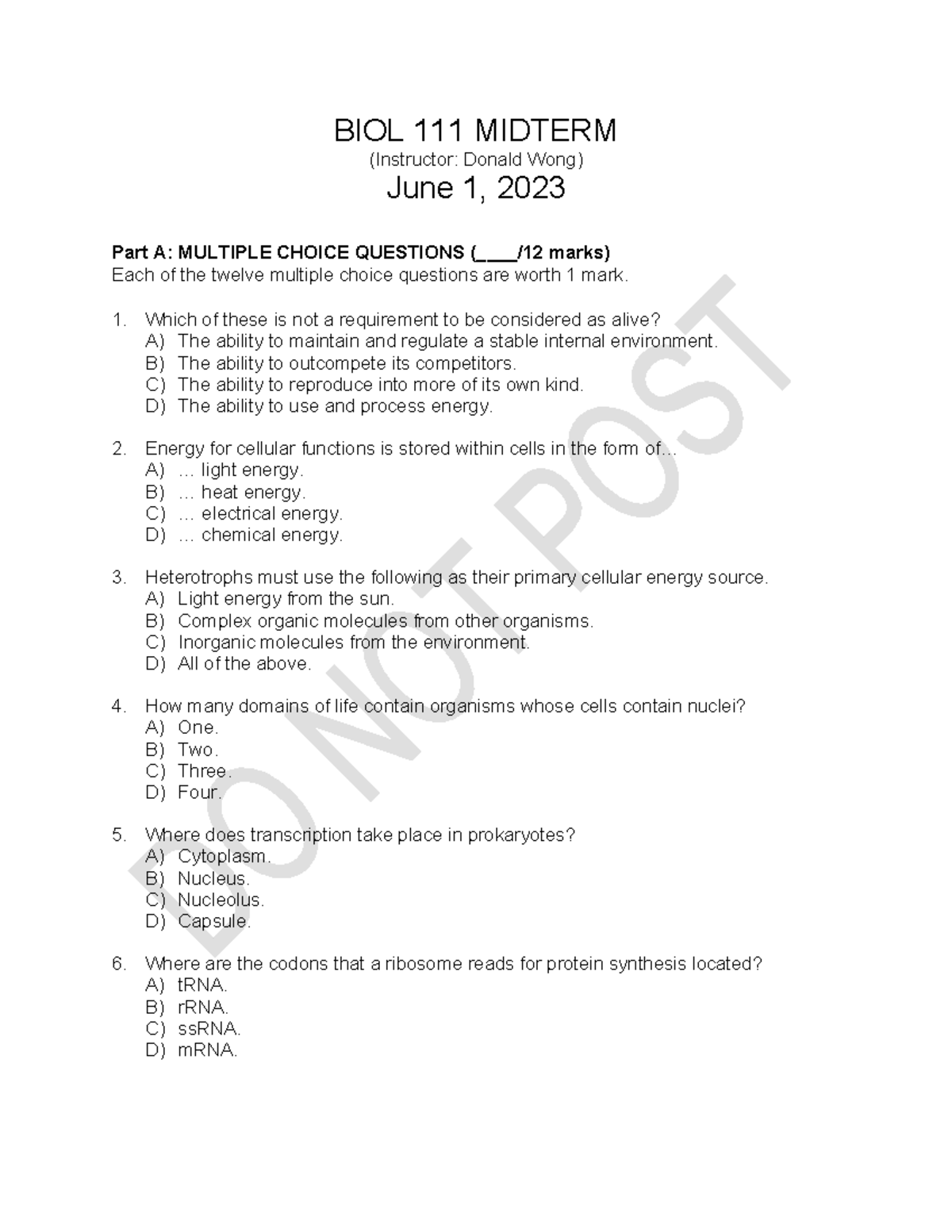 BIOL111 Midterm 2023S1 Student - BIOL 111 MIDTERM (Instructor: Donald ...