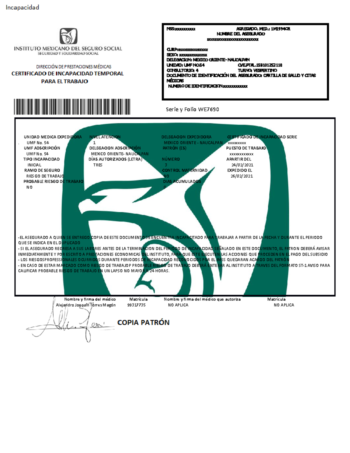 Formato incapacidad imms - Serie y Folio WE UNIDAD MEDICA EXPEDIDORA ...