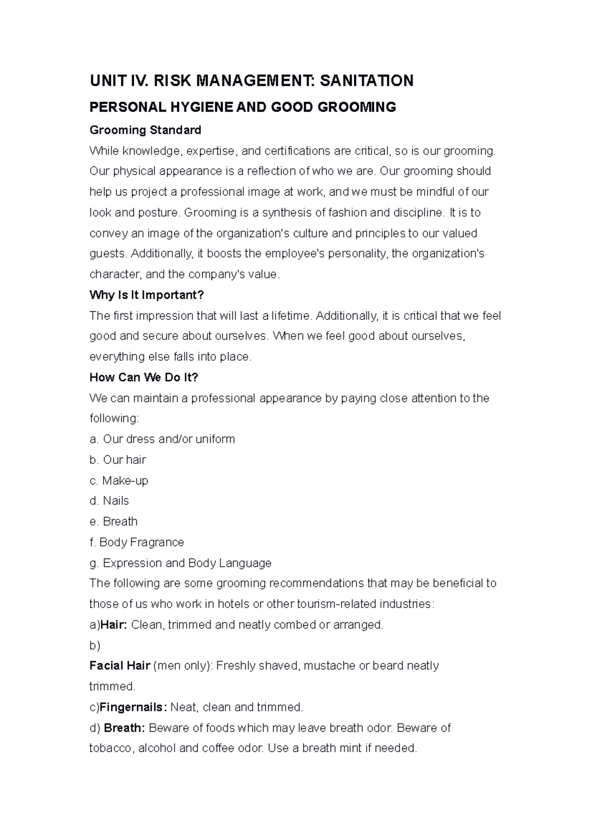 UNIT IV. RISK Management Sanitation - UNIT IV. RISK MANAGEMENT ...