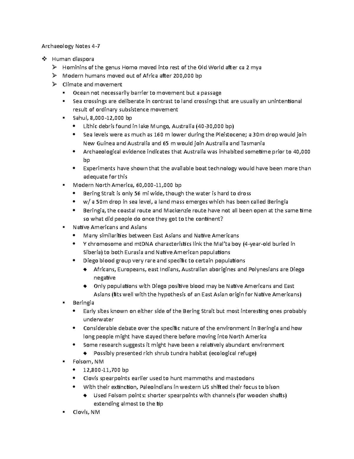 Archaeology Notes 4-7 - Lecture titled "Human diaspora", corresponds to ...