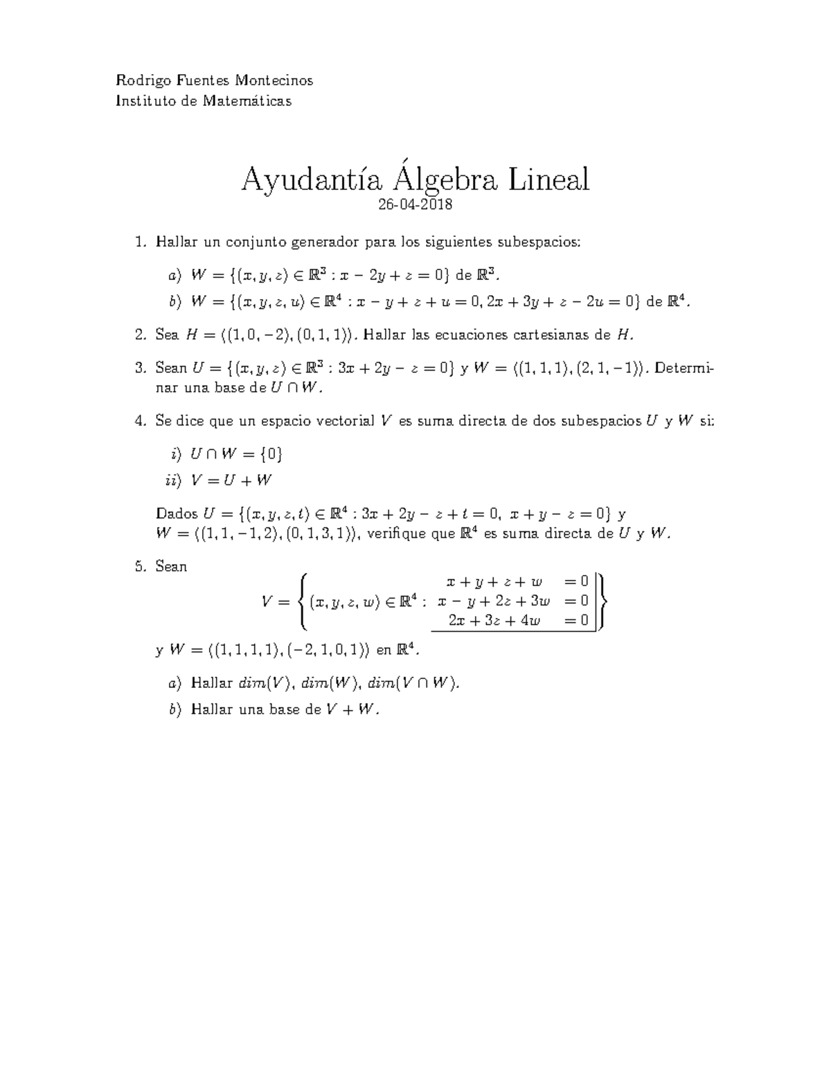 Ayudantía 4 Espacios Vectoriales Ii Rodrigo Fuentes Montecinos