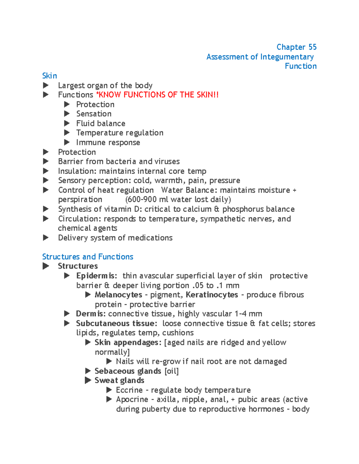 Chap 55 outline - Chapter 55 Assessment of Integumentary Function Skin ...