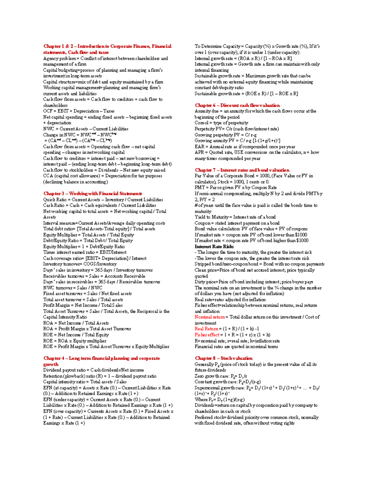 Final Cheat Sheet - Summary Managerial Finance I - Chapter 1 2 ...