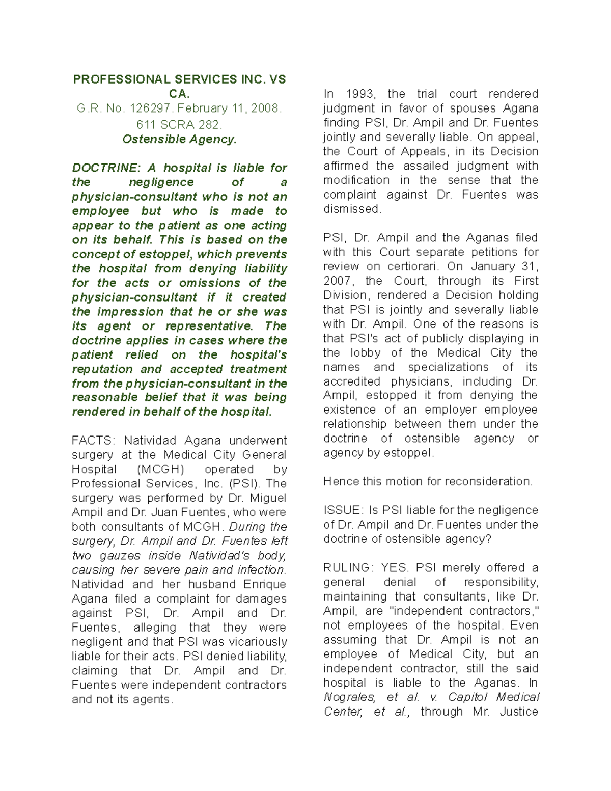 Professional Services INC. VS CA, 2008 (ostensible agency ...