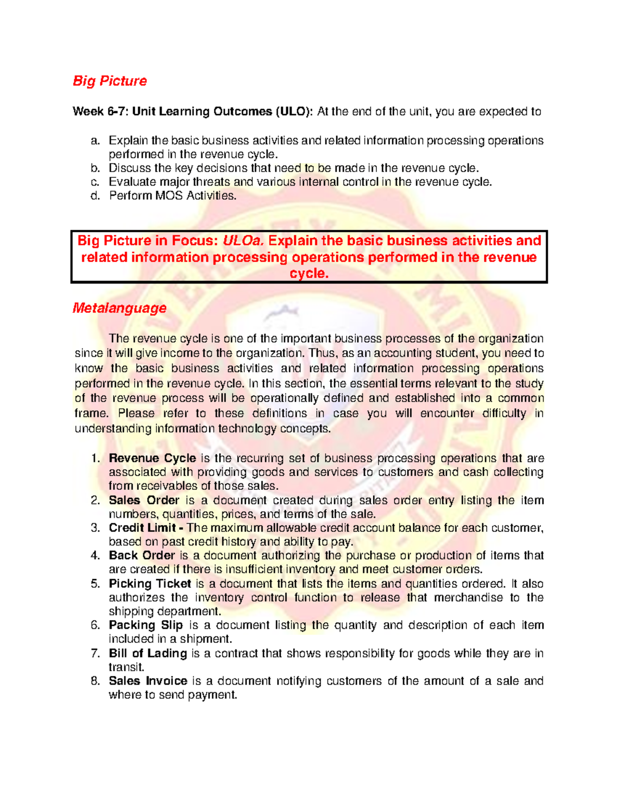 ACC 224 W6-7 - ACC224 SIM - Big Picture Week 6-7: Unit Learning Outcomes (ULO): At the end of ...