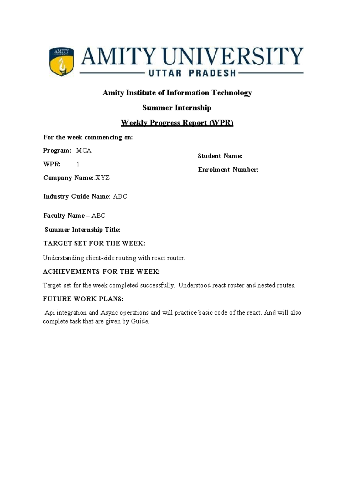 WPR sample - Amity Institute of Information Technology Summer ...
