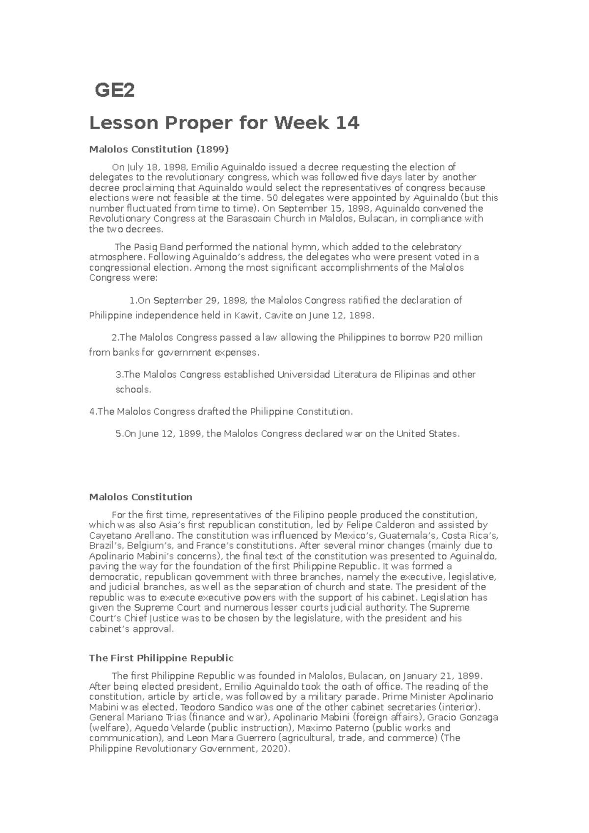 GE2 W14 - MODULE - GE Lesson Proper for Week 14 Malolos Constitution (1899) On July 18, 1898 ...