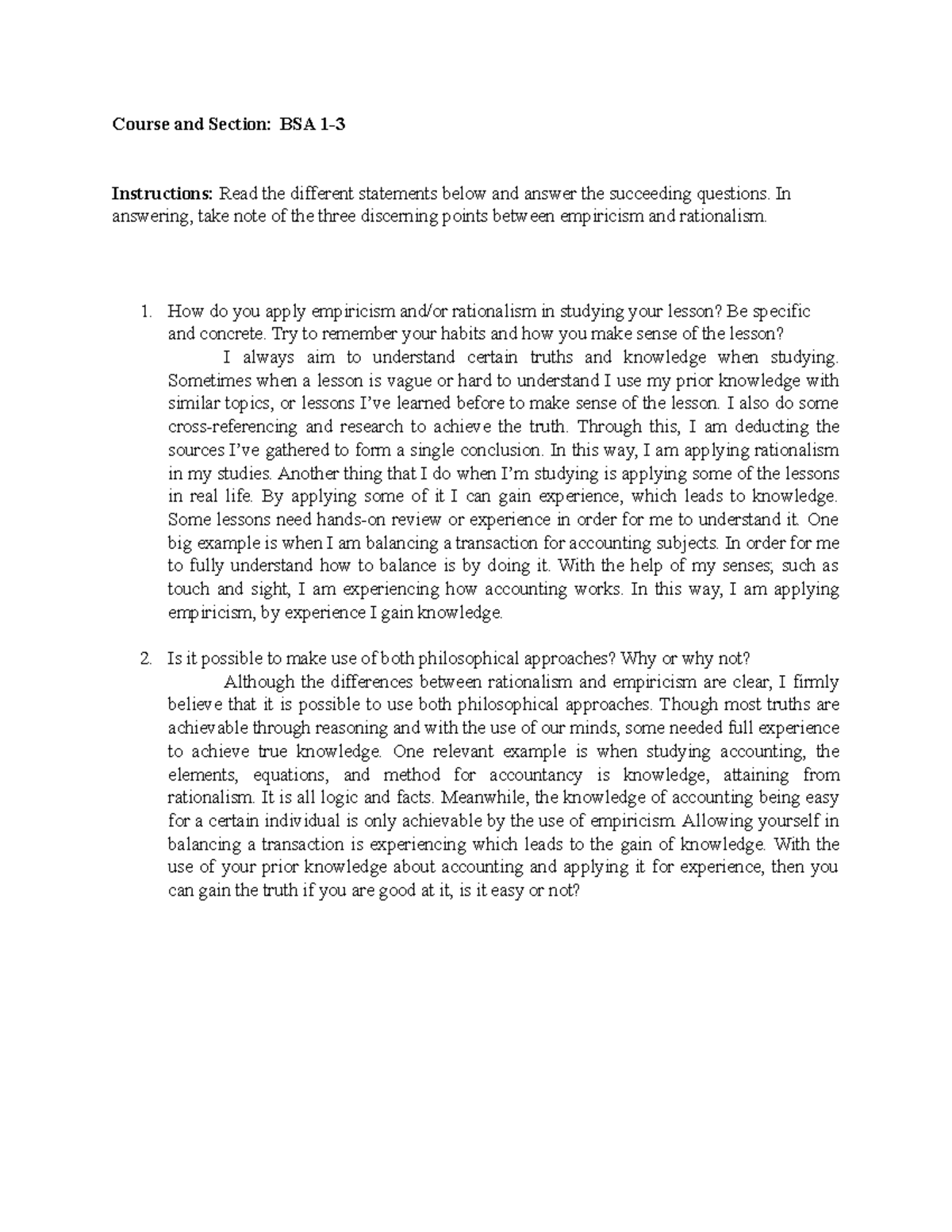 Rationalism and Empiricism - UTS - Lesson 1 - Course and Section: BSA 1- Instructions: Read the ...