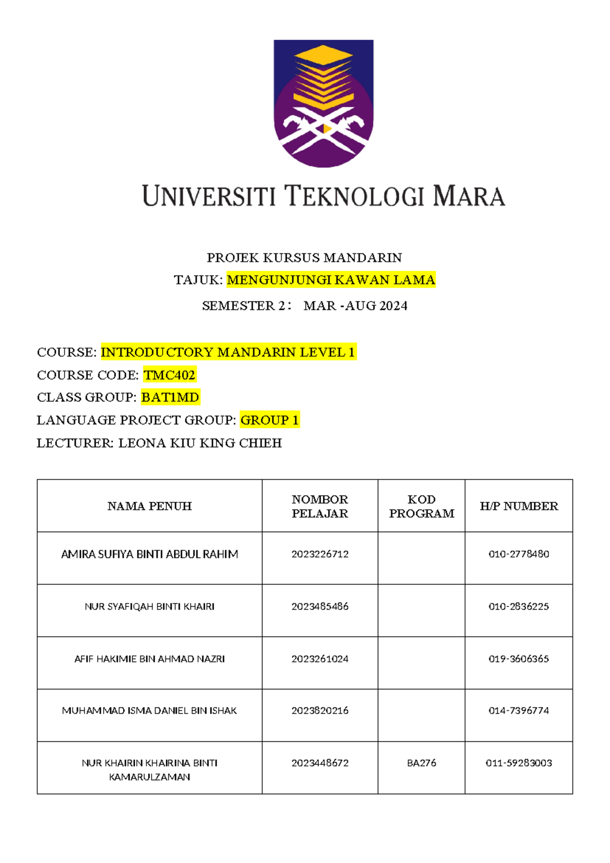 Script Roleplay Group 1 - PROJEK KURSUS MANDARIN TAJUK: MENGUNJUNGI ...