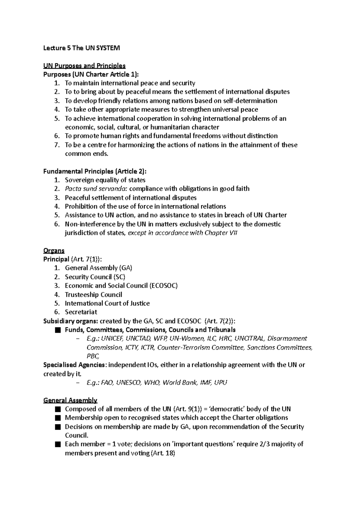 Lecture 5 The UN System - notes - Lecture 5 The UN SYSTEM UN Purposes ...