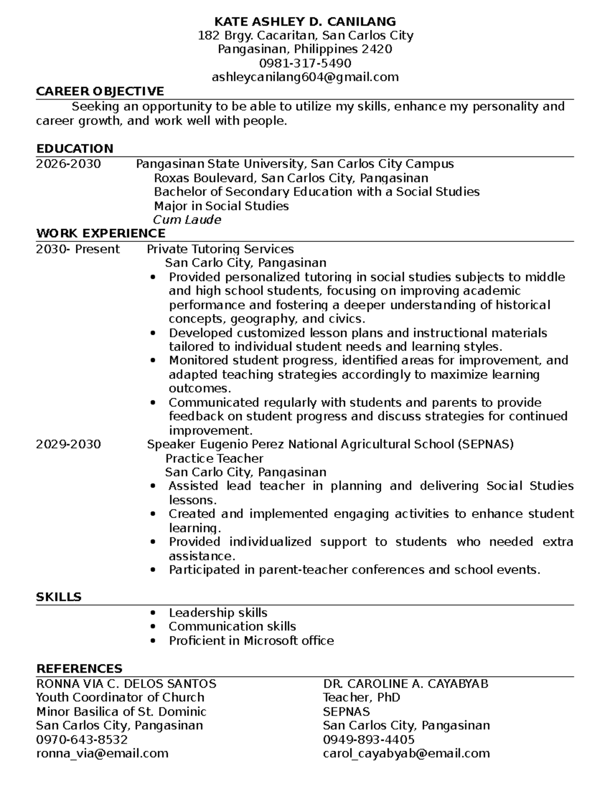 KATE'S Resume - KATE ASHLEY D. CANILANG 182 Brgy. Cacaritan, San Carlos ...