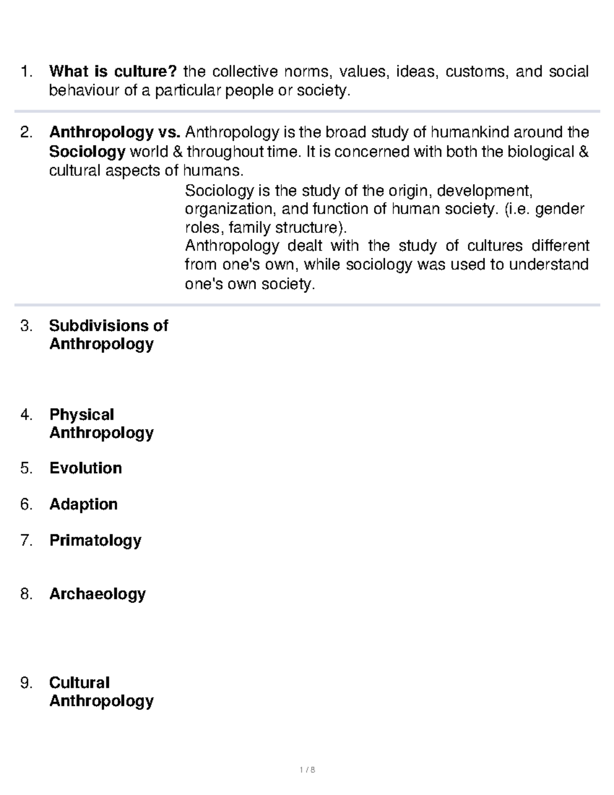 Anthropology notes class - What is culture? the collective norms ...