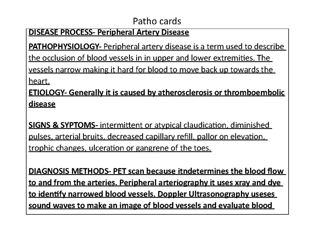 PAD Patho Card - DISEASE PROCESS- Peripheral Artery Disease PATHOPHYSIOLOGY- Peripheral artery ...