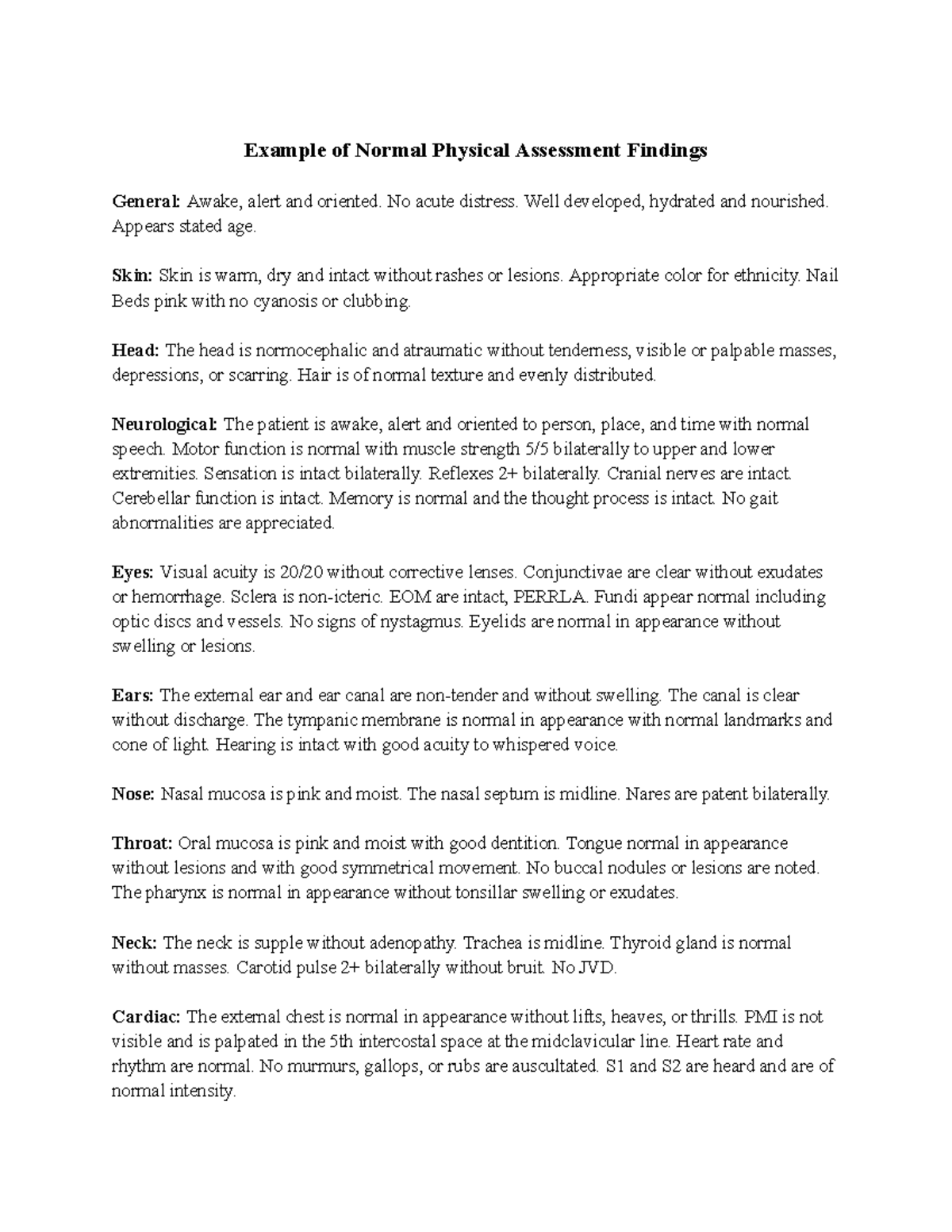 Example of Normal Physical Assessment Findings - No acute distress ...