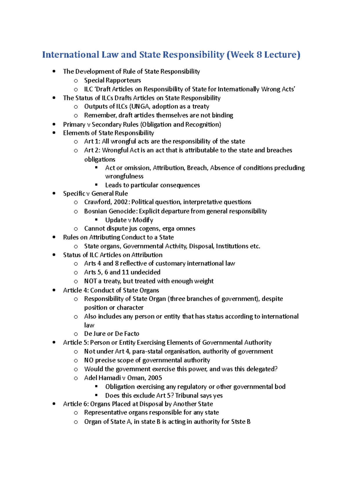 IL - State Responsibility - Lecture Notes 8 - International Law and ...