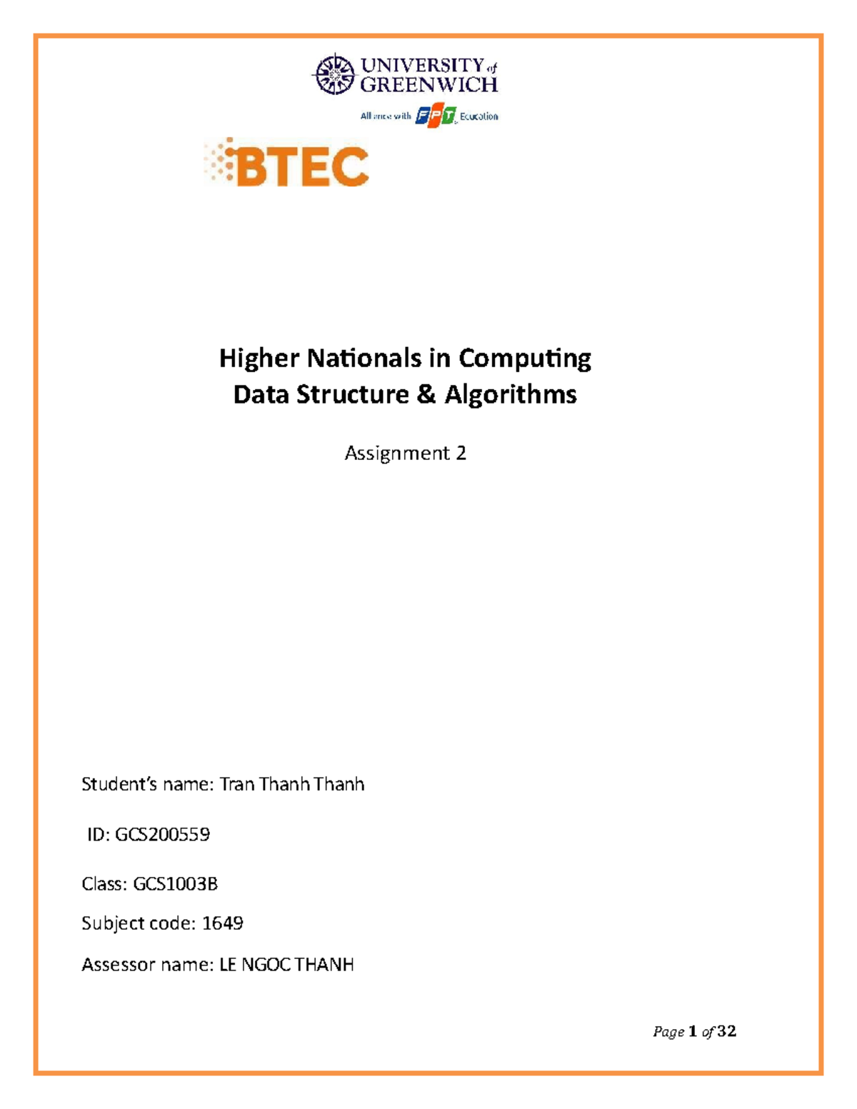 ASM2 1649 GCS2005 59 Trần Thanh Thanh - Higher Nationals in Computing Data Structure & - Studocu