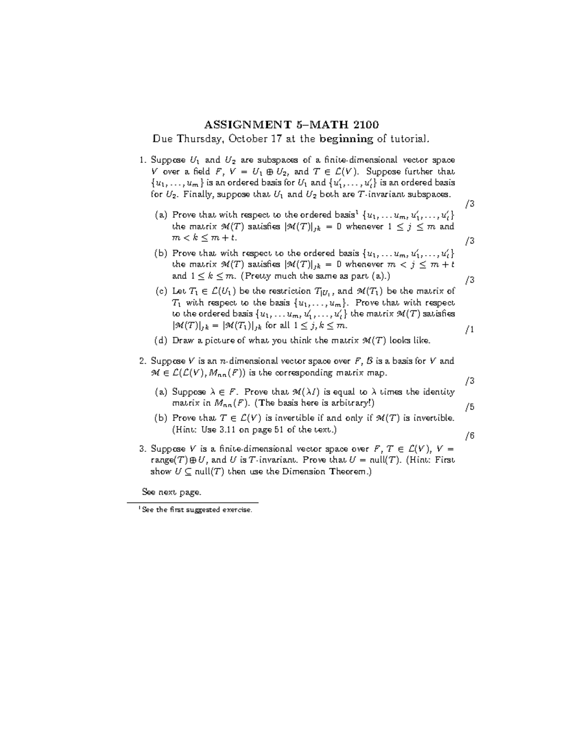 Mandatory Assignment 05 - ASSIGNMENT 5–MATH 2100 Due Thursday, October 17 at the beginning of ...