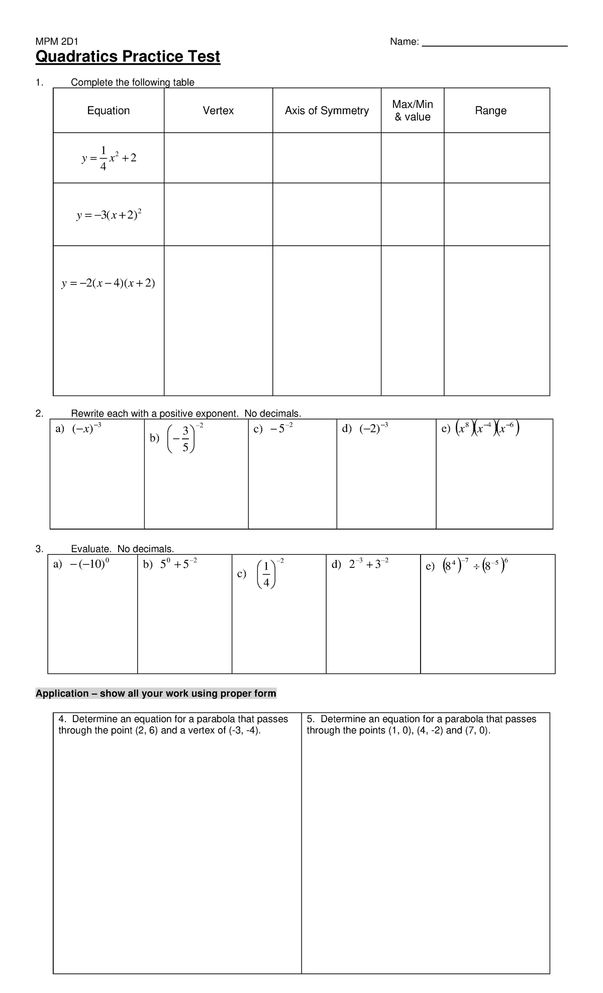 Practic test unit 3 - MPM 2D1 Name: Quadratics Practice Test 1 ...