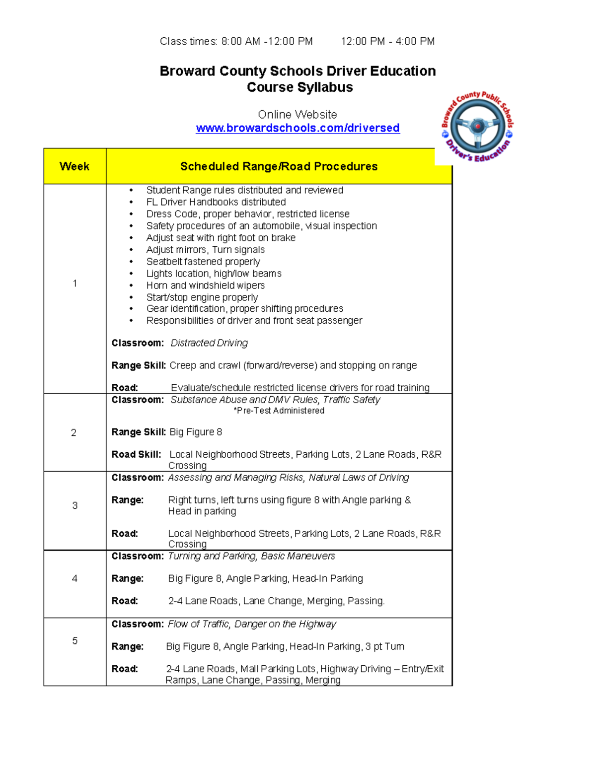 Driving Ed courses syllabus - Class times: 8:00 AM -12:00 PM 12:00 PM ...