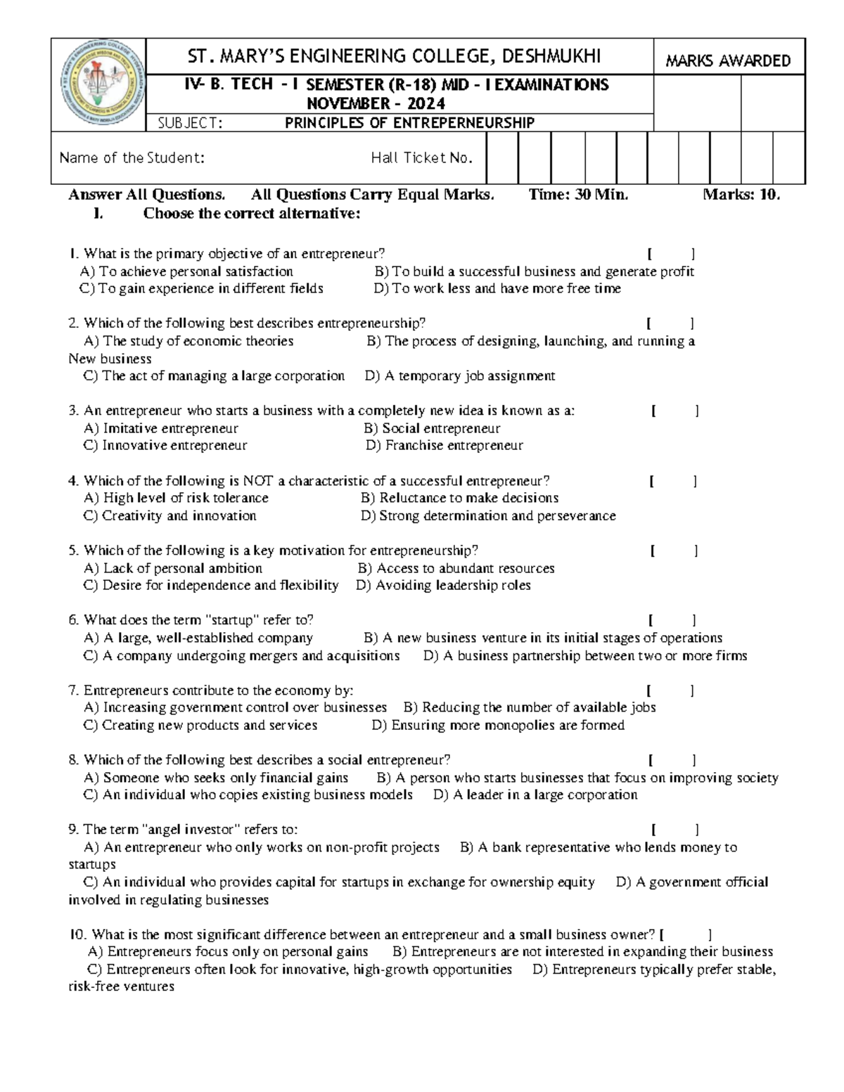Sample Objective Paper - Answer All Questions. All Questions Carry ...