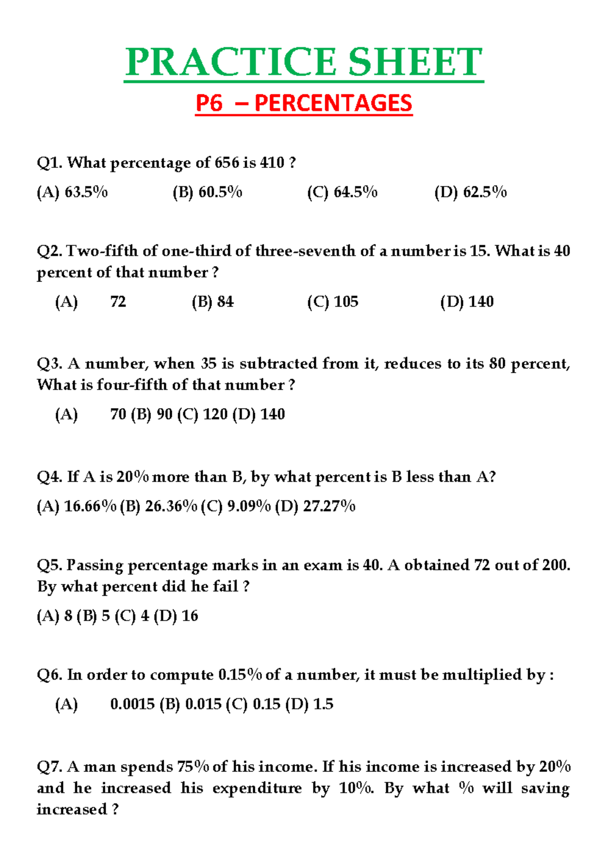 P6 - Percentages - ggg - PRACTICE SHEET P 6 – PERCENTAGES Q1. What ...