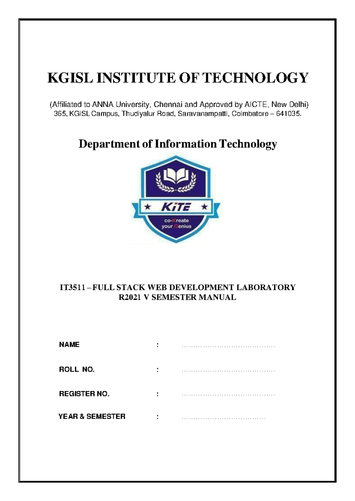 Final FSWD - Full Stack Web Development - KGISL INSTITUTE OF TECHNOLOGY ####### (Affiliated to ...