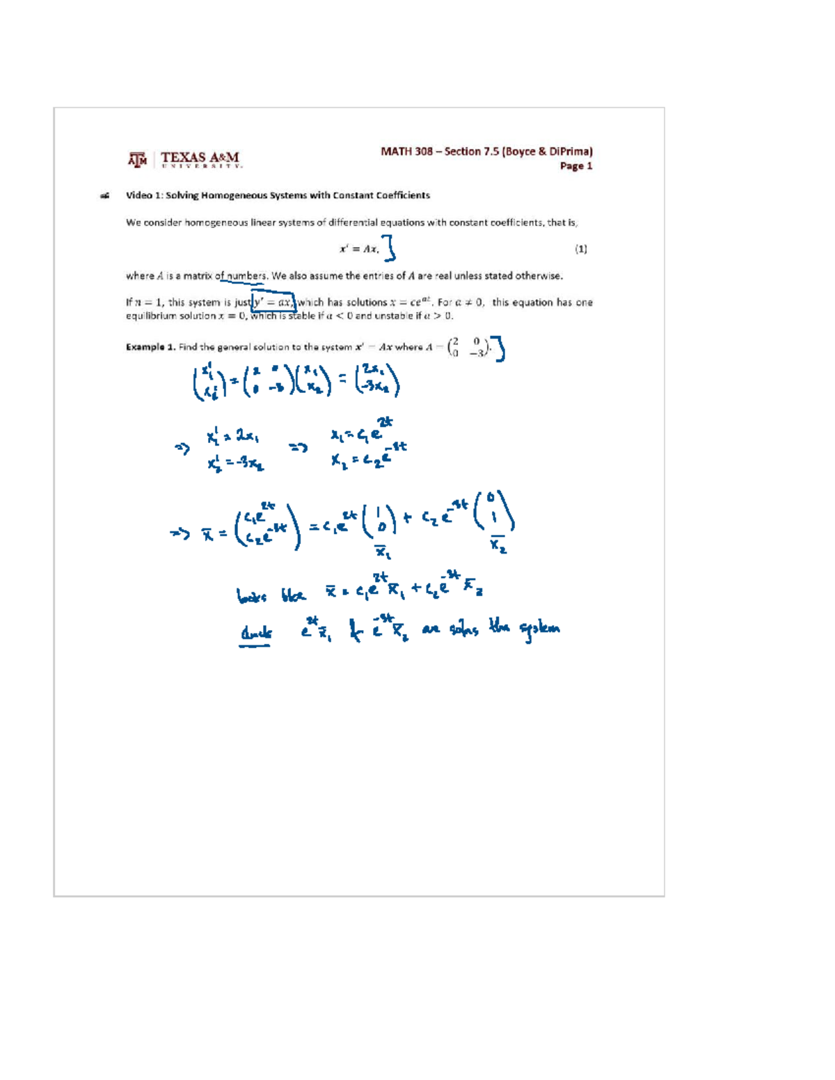 Diff EQ - 7.5 Completed (Boyce Di Prima) - MATH 308 - Studocu
