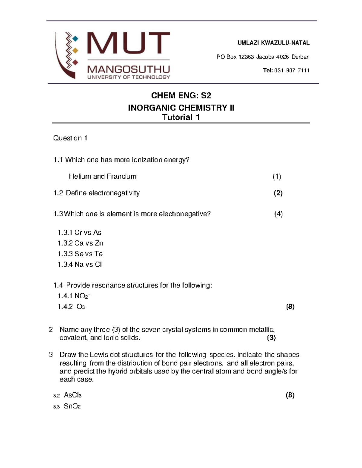 S2 Chem eng Inorganic Tutorial 1 2nd sem - UMLAZI KWAZULU-NATAL PO Box 12363 Jacobs 4026 Durban ...