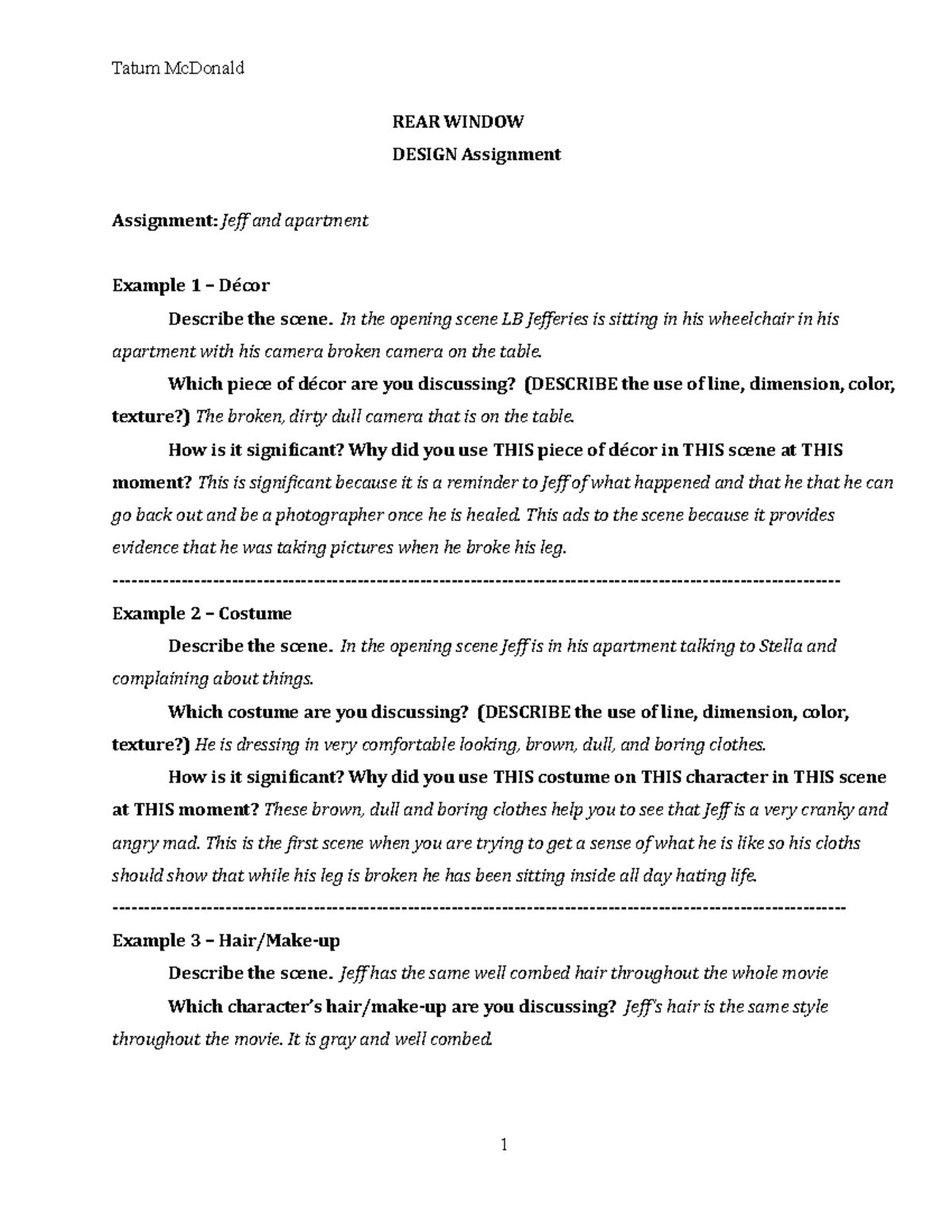 THEA-Rear Window design - Tatum McDonald REAR WINDOW DESIGN Assignment ...