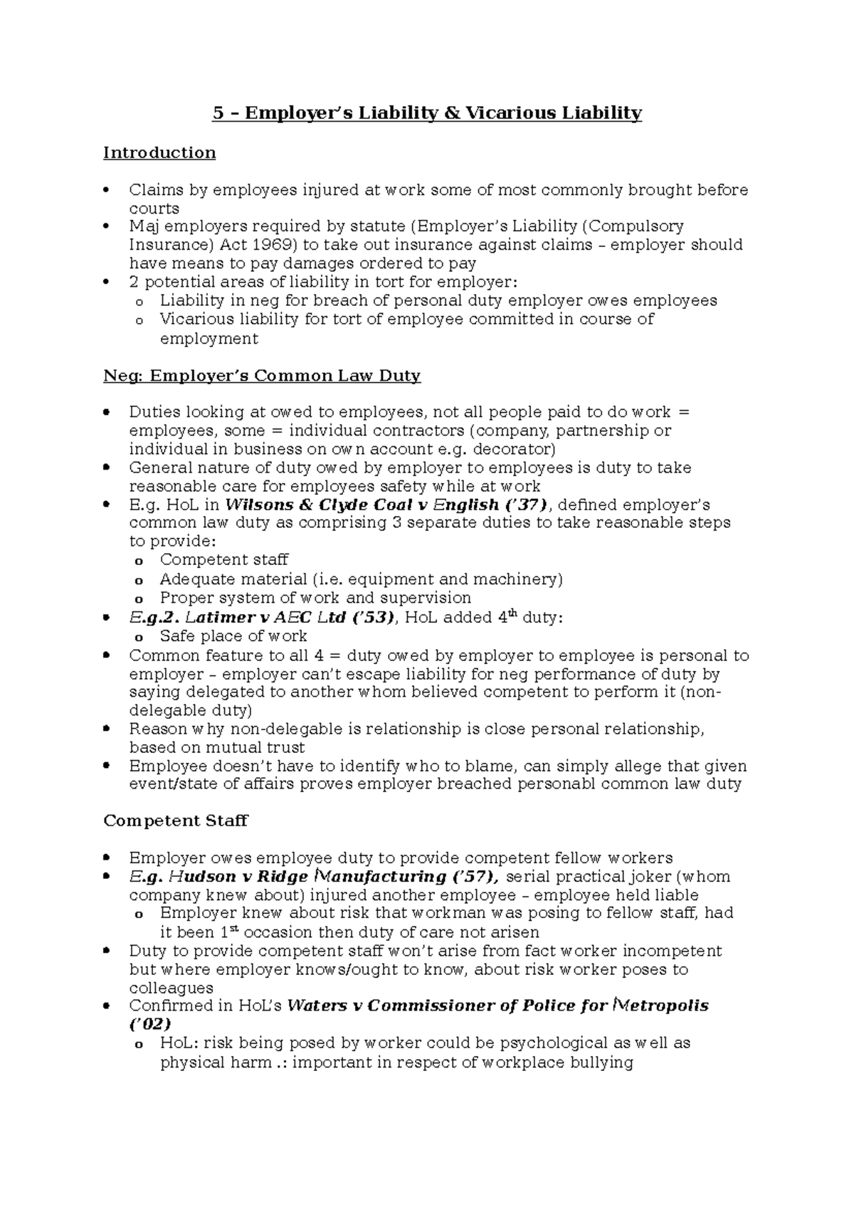 Employer's Liability & Vicarious Liability - 5 – Employer’s Liability ...