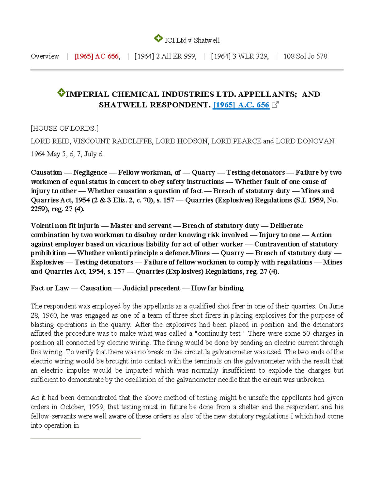 Imperial Chemical Industries Ltd v Shatwell [1965] AC 656 - ICI Ltd v ...