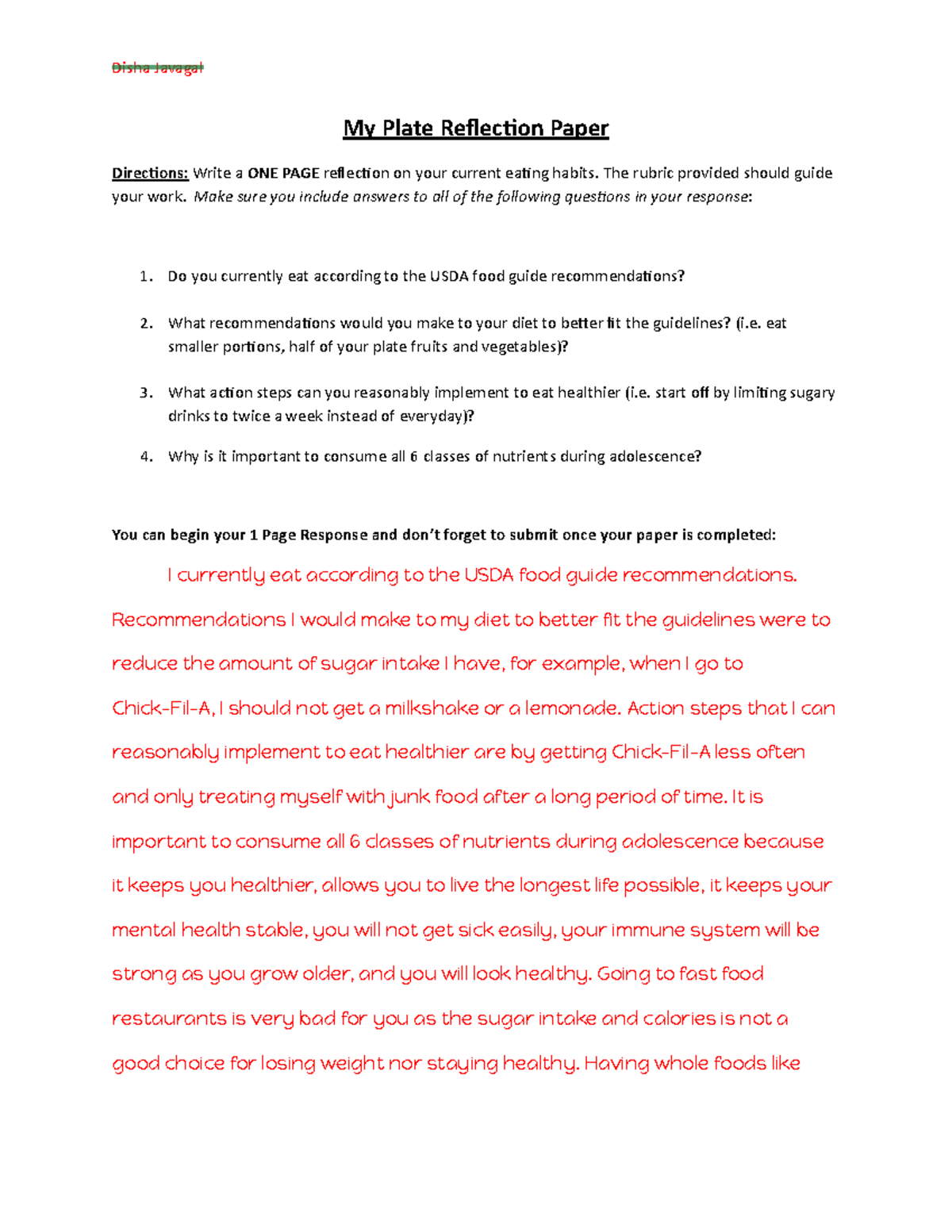 My Plate Reflection Paper Lifetime Wellness Science - Disha Javagal My ...