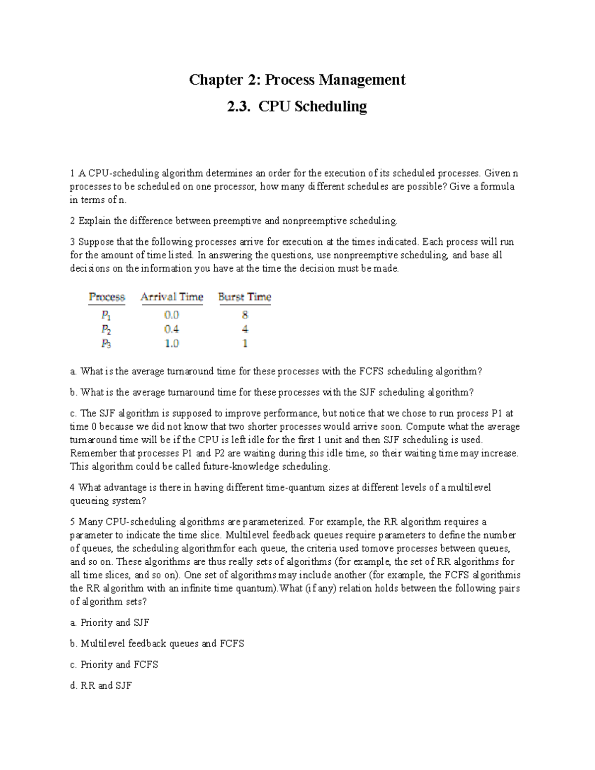 Chapter 23 Cpu Sched Qeuestion Chapter 2 Process Management 2 Cpu Scheduling 1 A Cpu