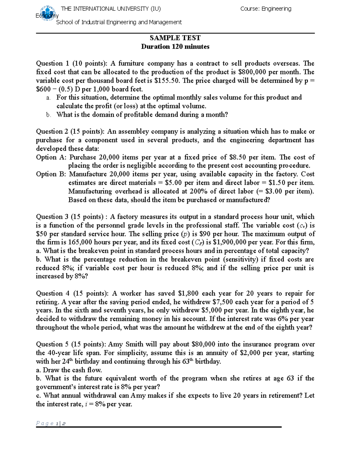 EE Midterm examination Sample test - THE INTERNATIONAL UNIVERSITY (IU ...