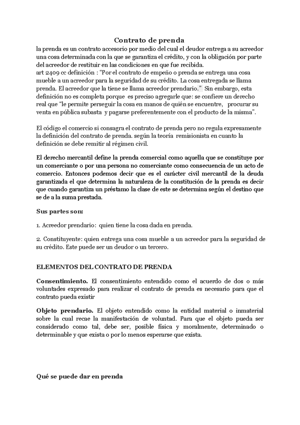 Prenda - Contrato de prenda la prenda es un contrato accesorio por ...