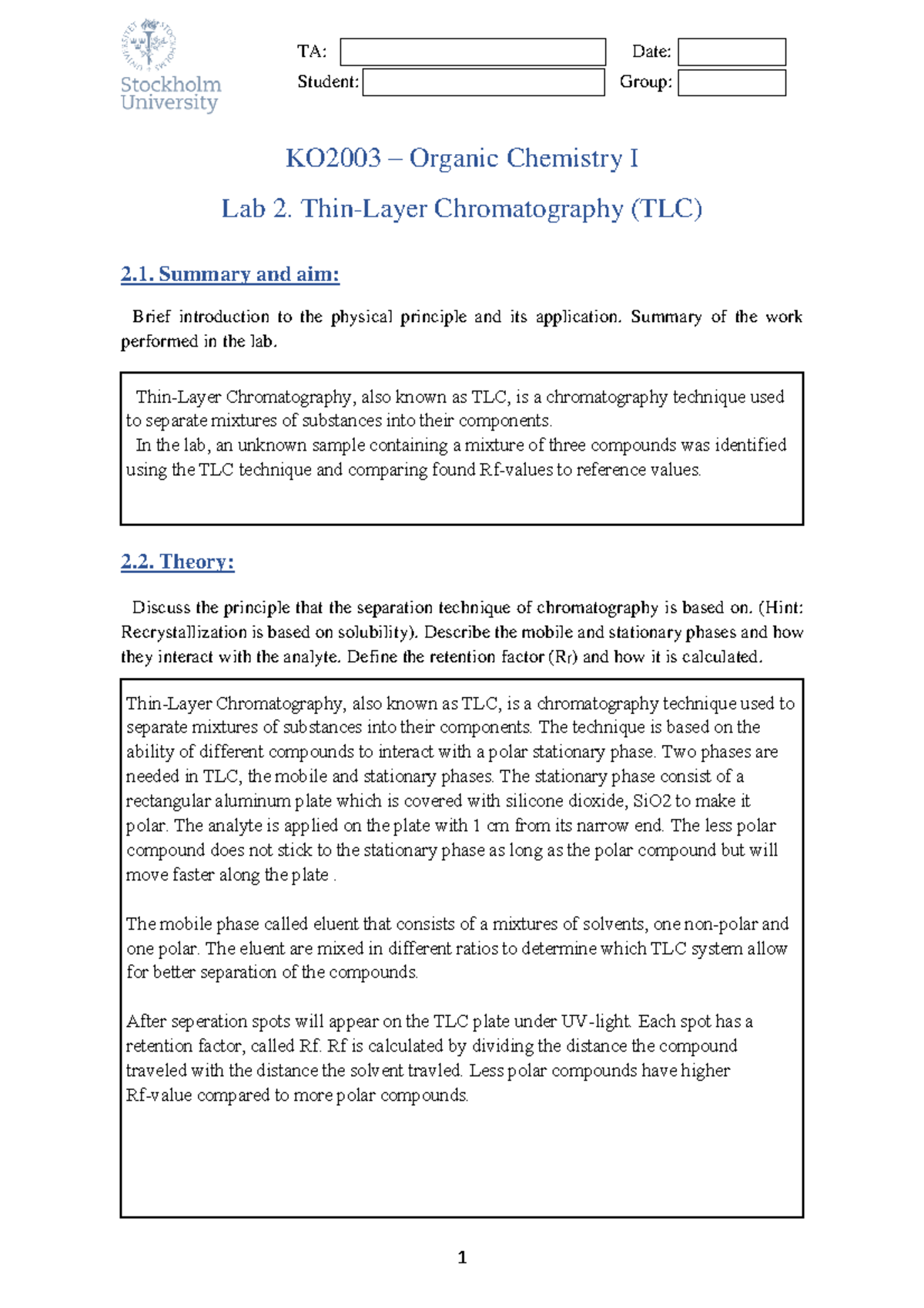 2 Lab Report Template - TLC (kopia) - Student: Group: KO2003 – Organic ...