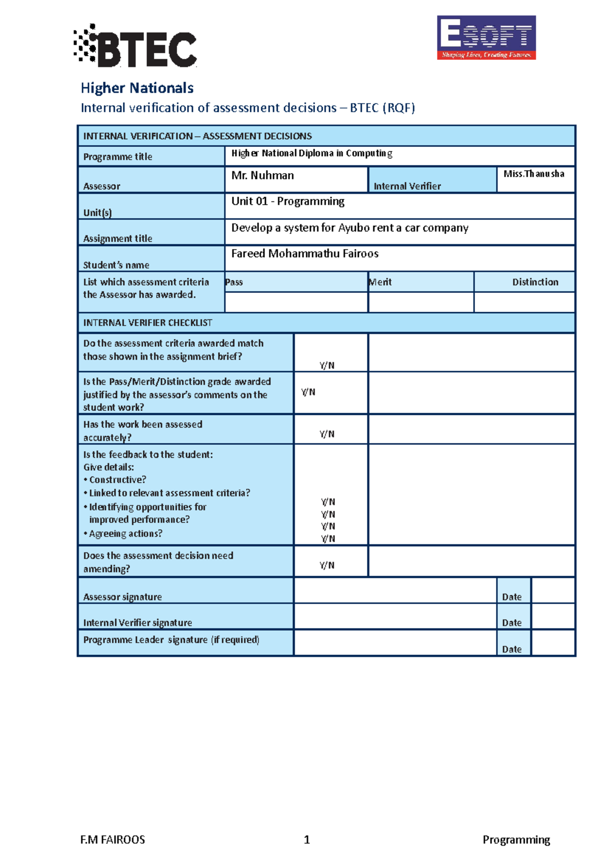 Final Programming Fairoos - Higher Nationals Internal verification of ...