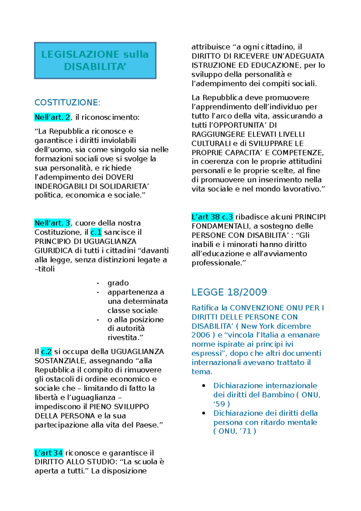 Legislazione Italiana sulla disabilità - COSTITUZIONE: Nell’art. 2, il ...