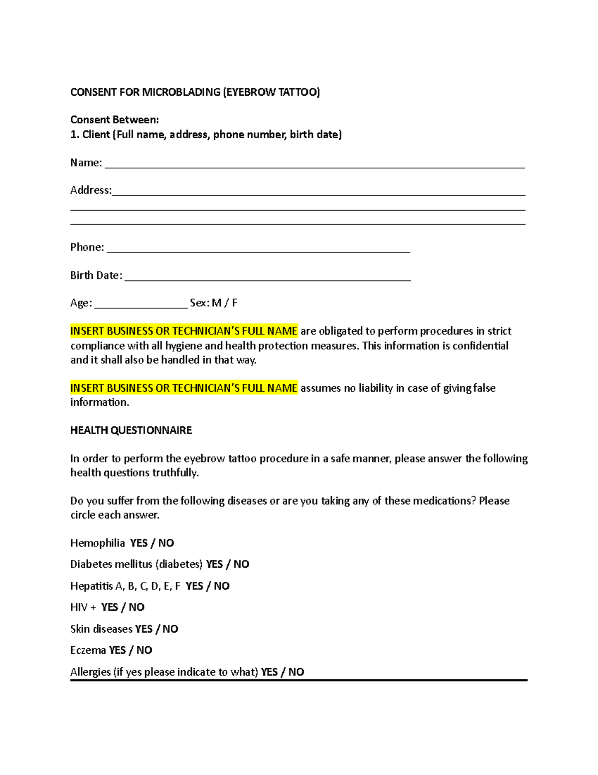 Consent form for microblading template - CONSENT FOR MICROBLADING ...